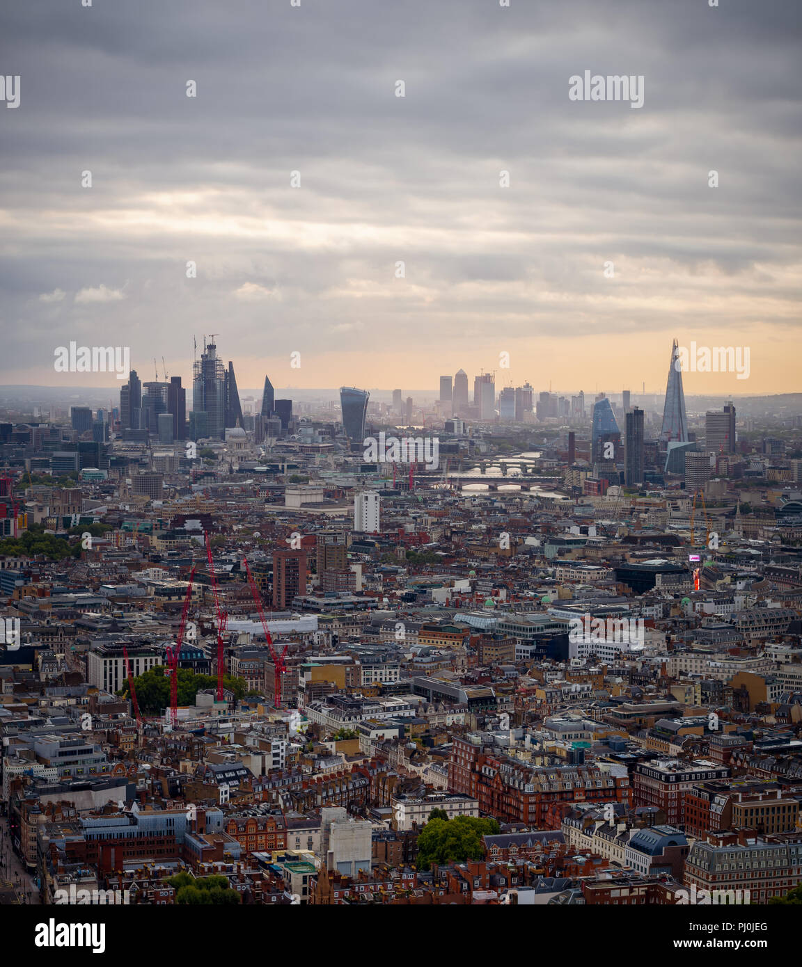Early morning over aerial view of the London skyline. Taken by drone at ...