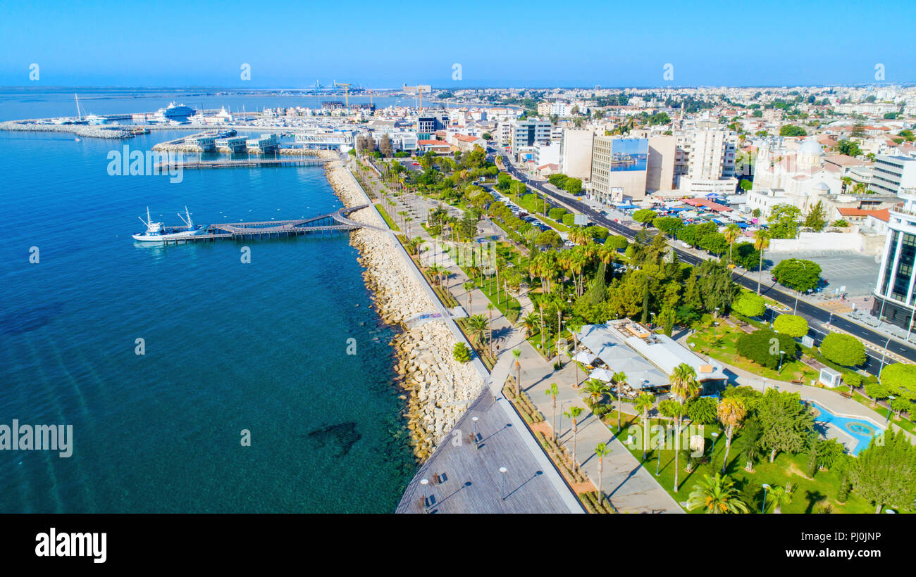 Aerial view of Molos Promenade park on the coast of Limassol city ...