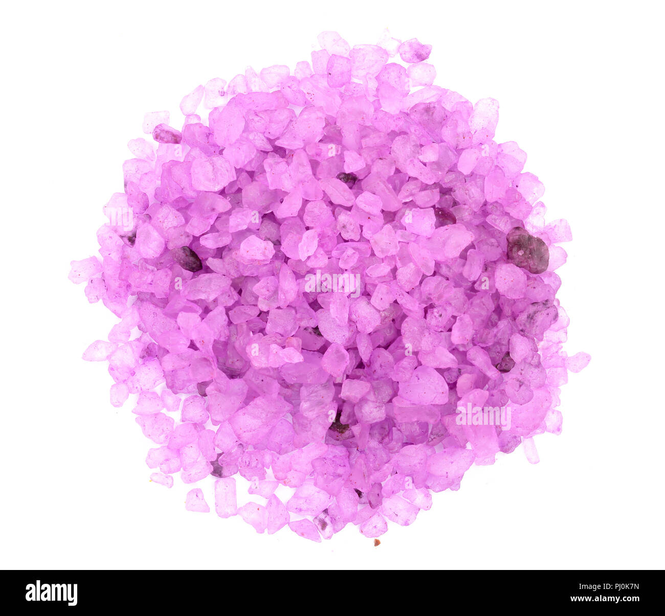 Violet sea salt isolated on white background, lavender. Top view. Flat ...