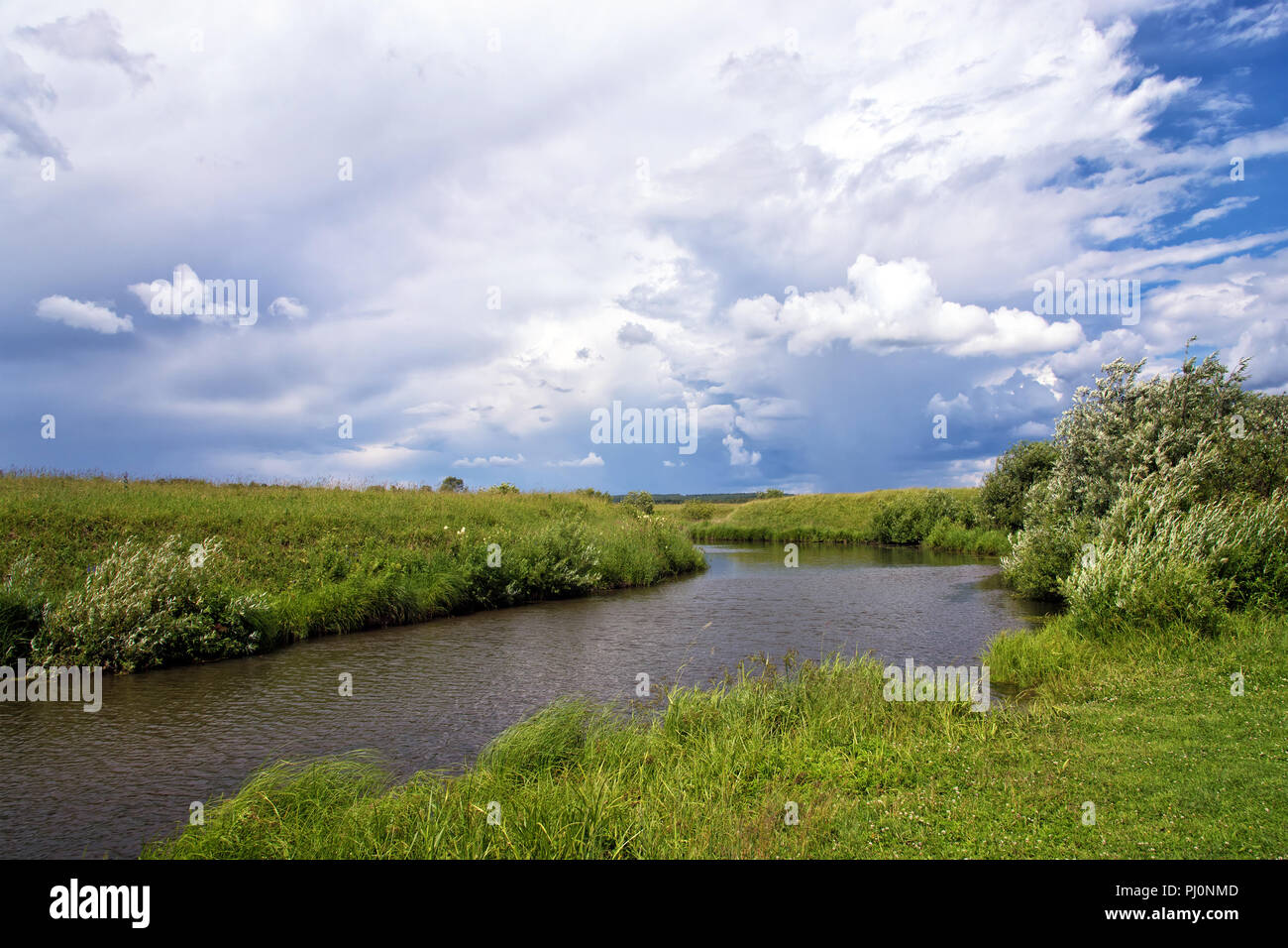 Summer Rural Landscape: Small River with Banks Overgrown with Grass and ...