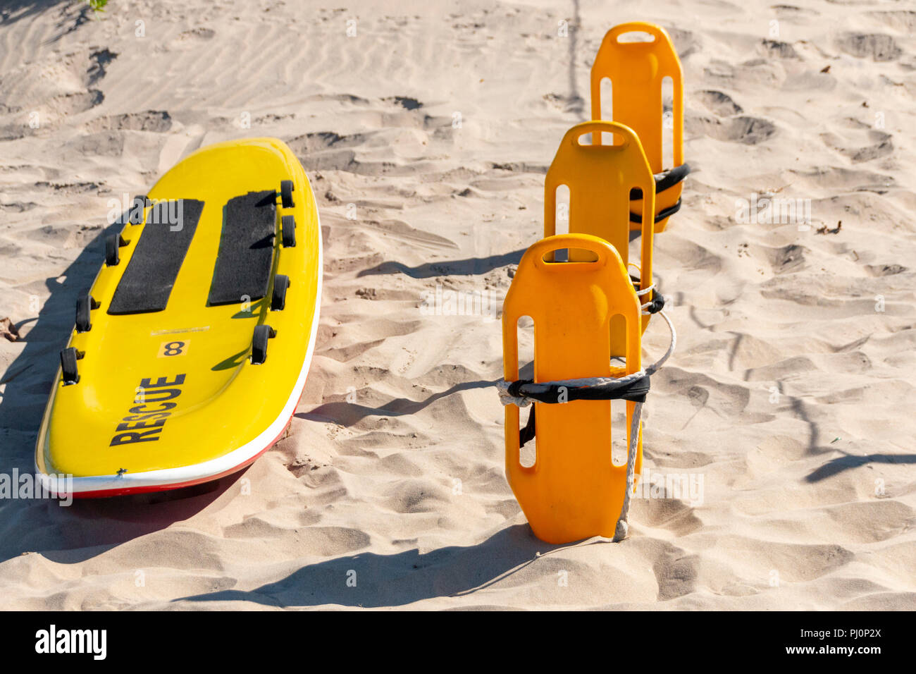 A close up view of a rescue board and three lifesaving rescue can ...