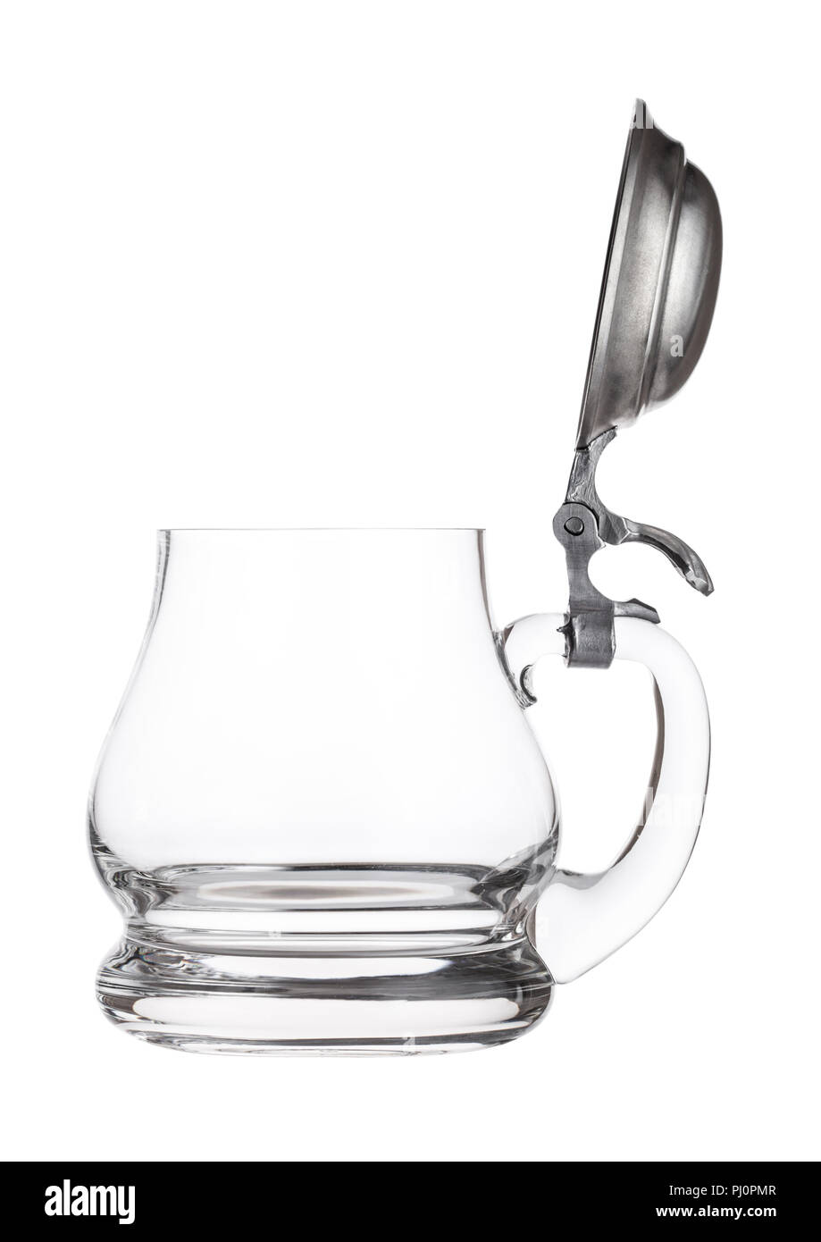 Empty vintage retro beer glass. Glass handle with silver steel top on ...