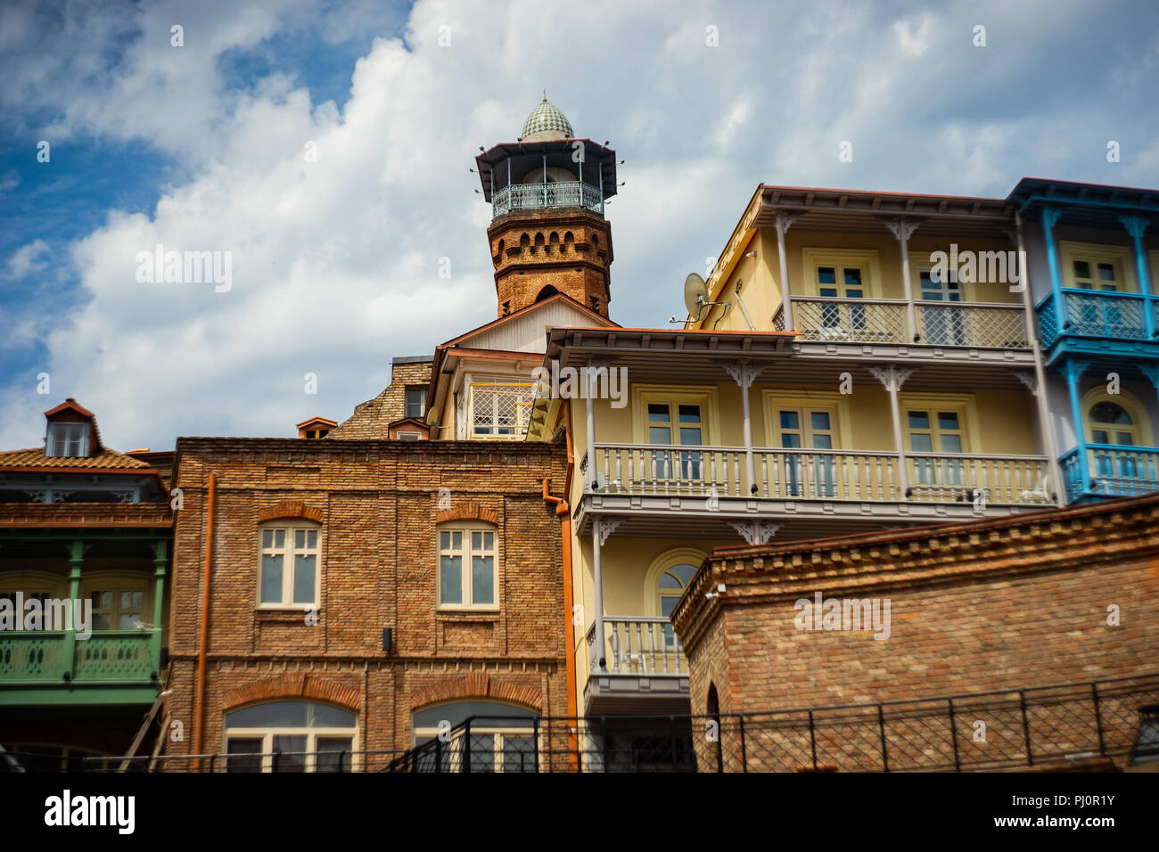 Traditional georgian carving balconies on Meidan square, and cableway ...