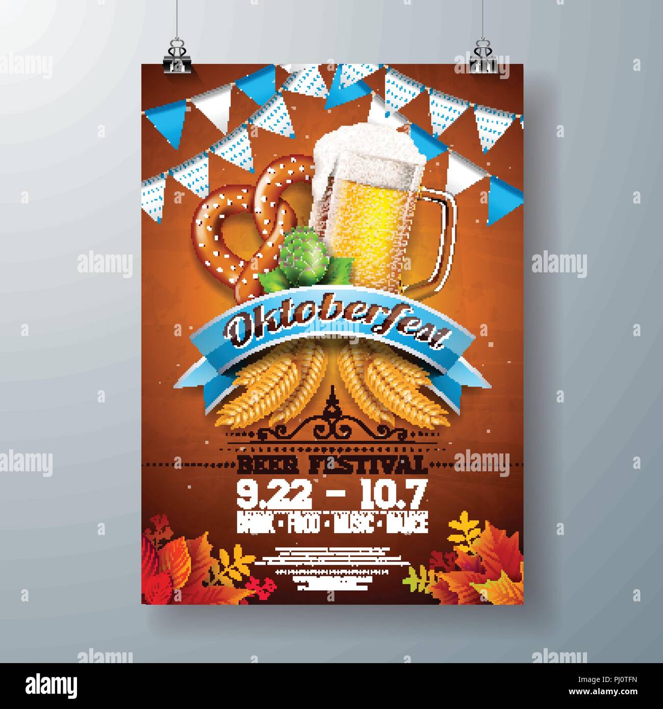 Oktoberfest party poster illustration with fresh lager beer, pretzel ...