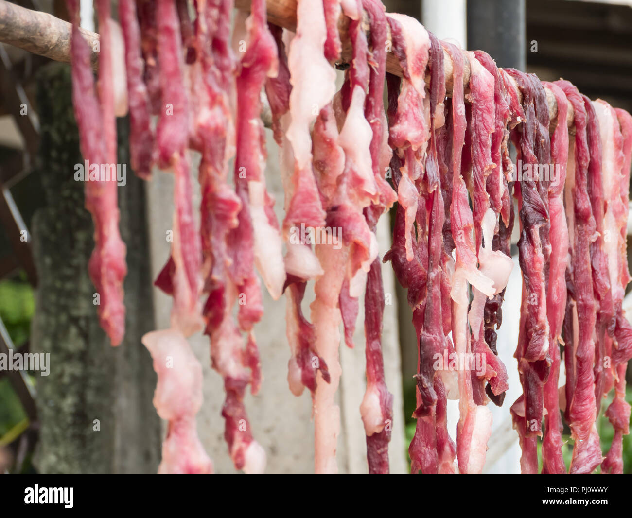 Dried meat on bamboo and blurred fly in meat Stock Photo - Alamy