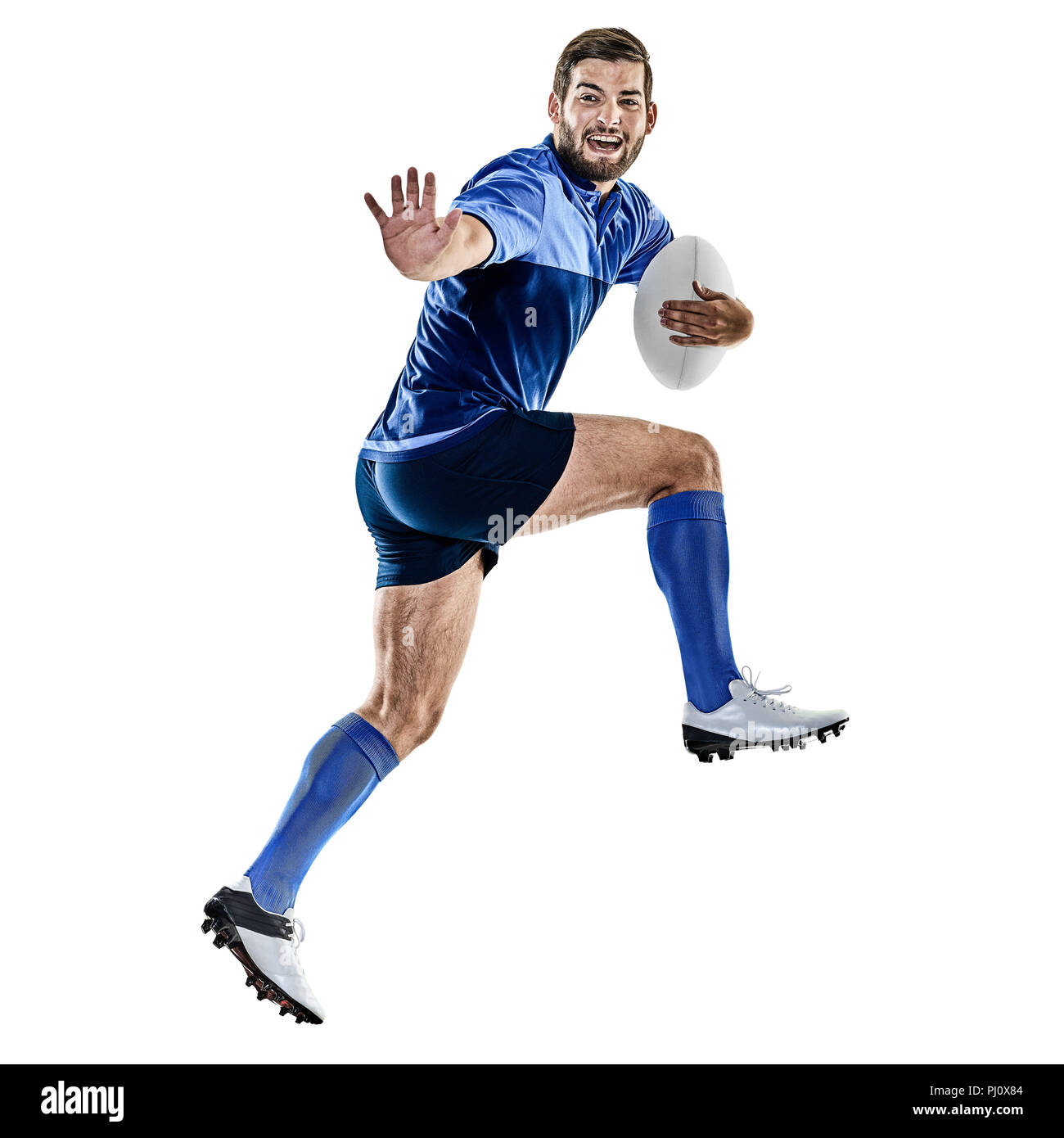 one caucasian rugby player man studio isolated on white background ...
