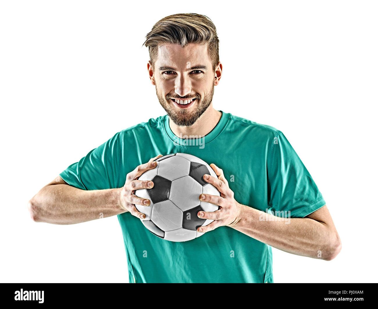 one caucasian soccer player man standing holding football isolated on ...