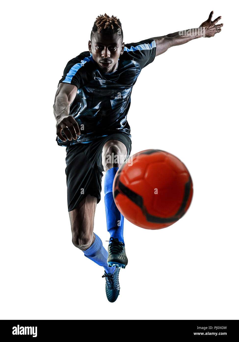 one african soccer player man playing in studio isolated on white ...