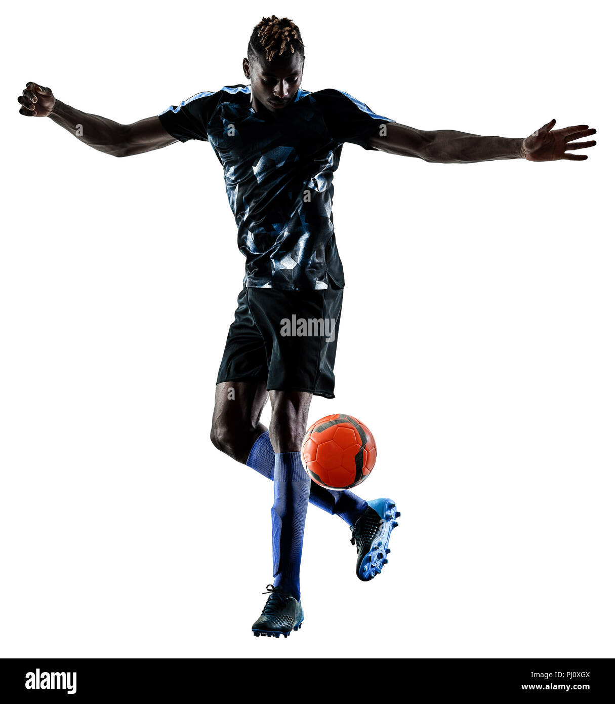 one african soccer player man playing in studio isolated on white ...