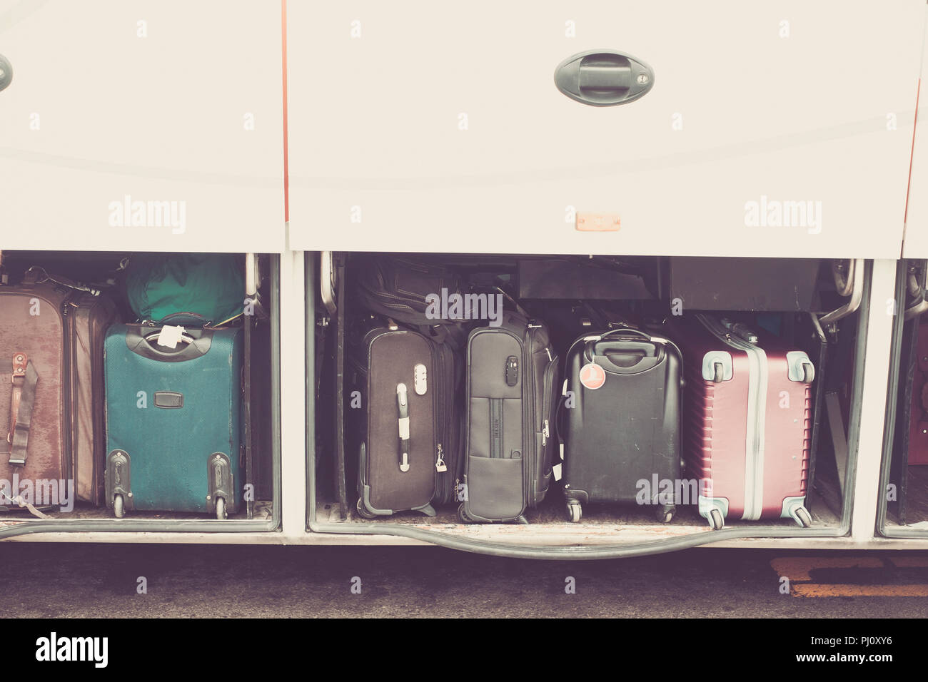 a lot of luggages like trolley ready to be used to travel, carry on bus ...