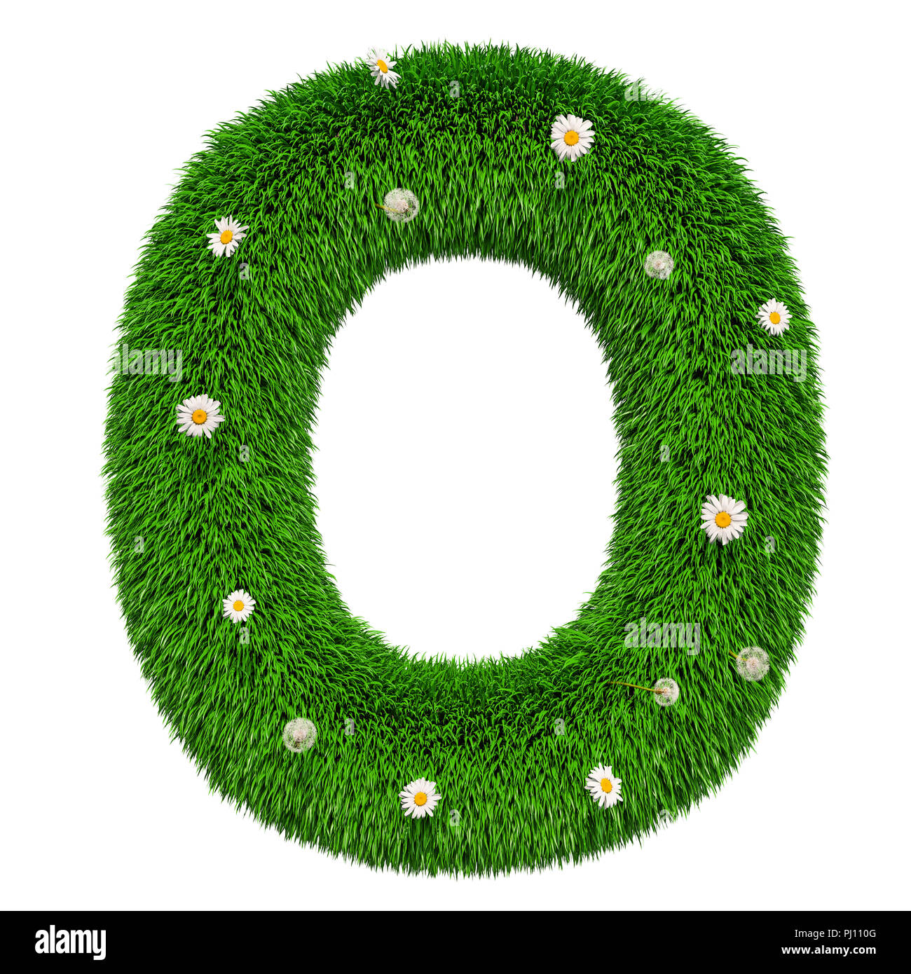 Green letter O from grass with flowers, 3D rendering isolated on white ...