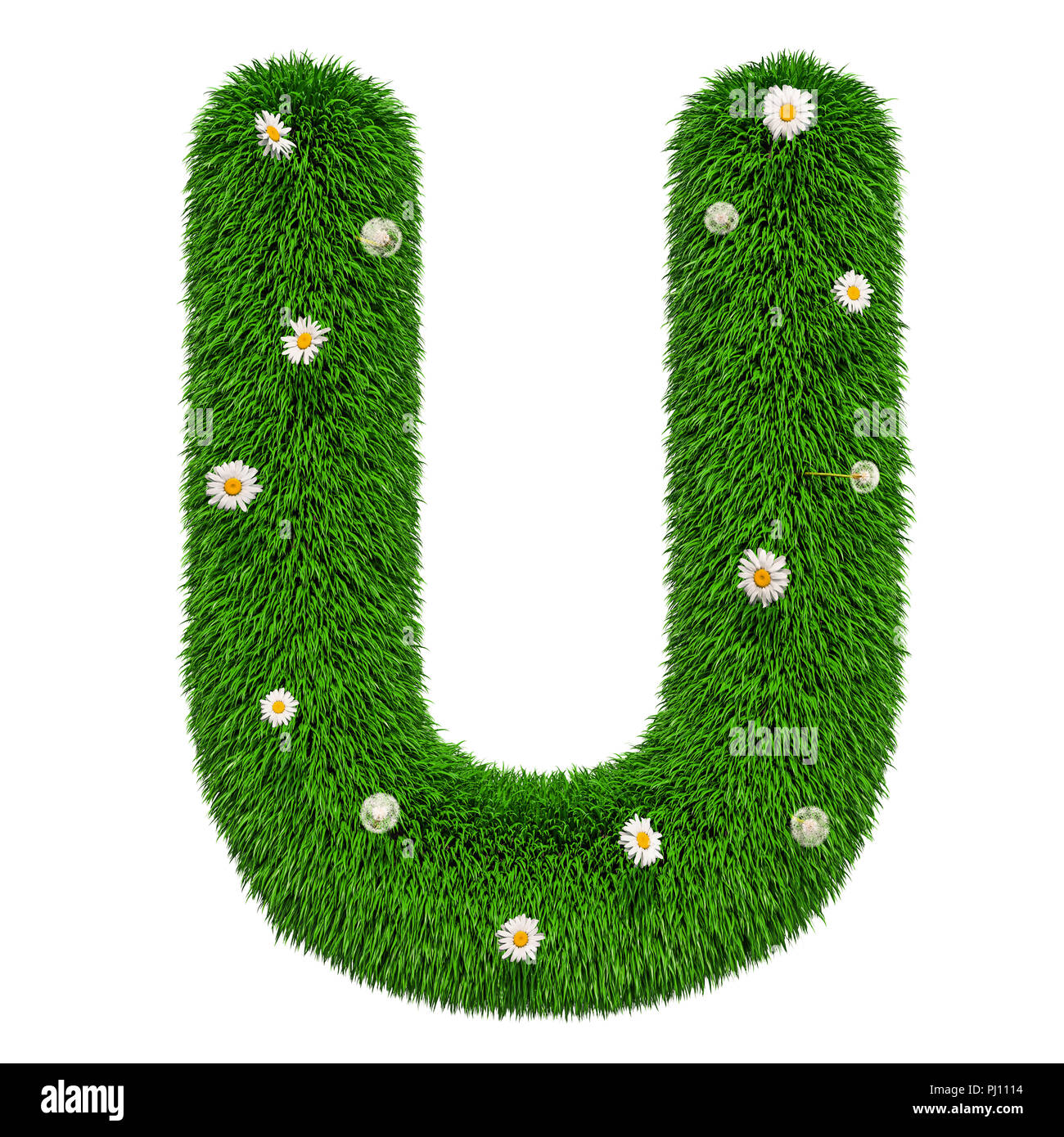 Green letter U from grass with flowers, 3D rendering isolated on white ...