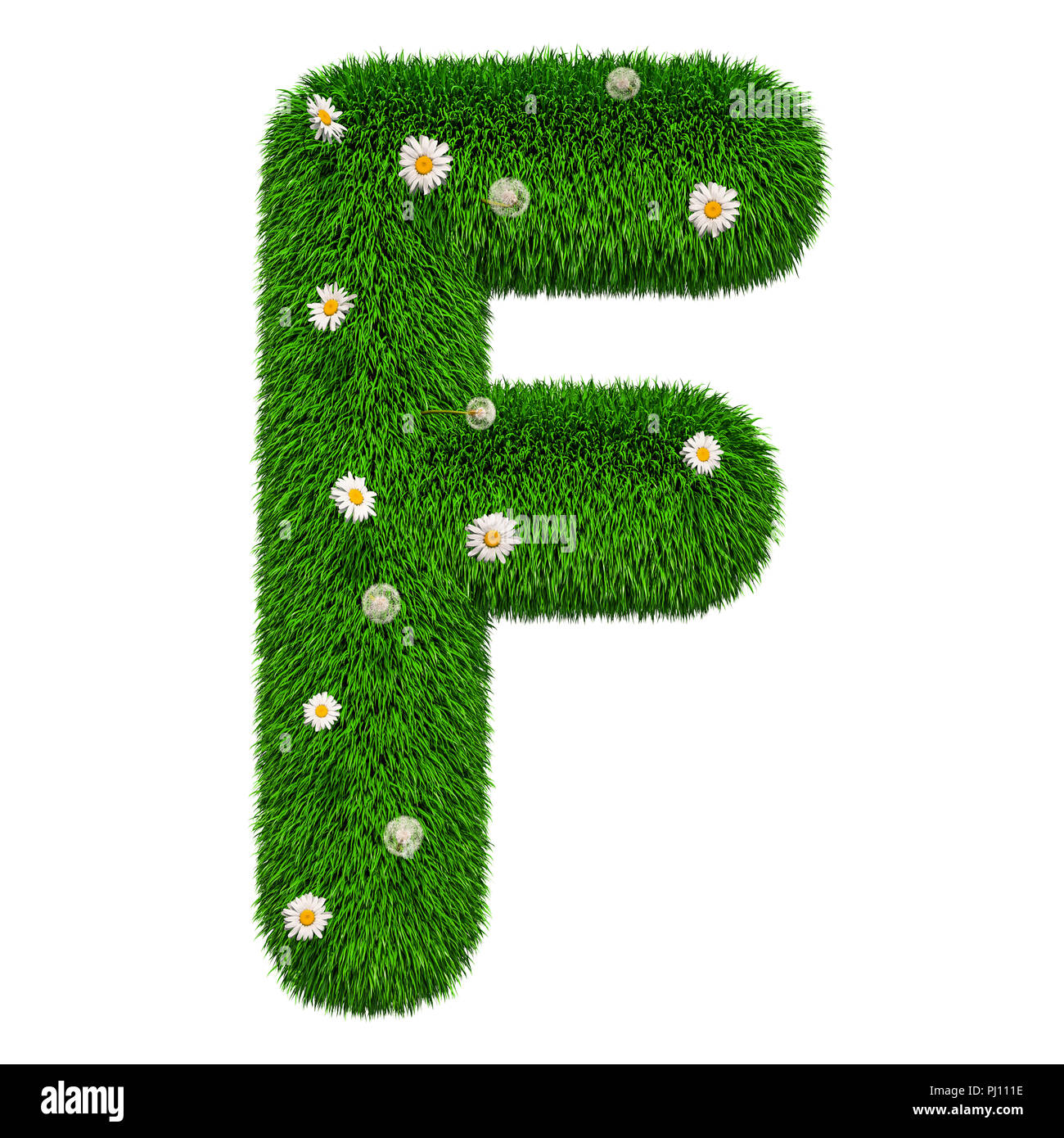 Letter F from green grass with flowers, 3D rendering isolated on white ...