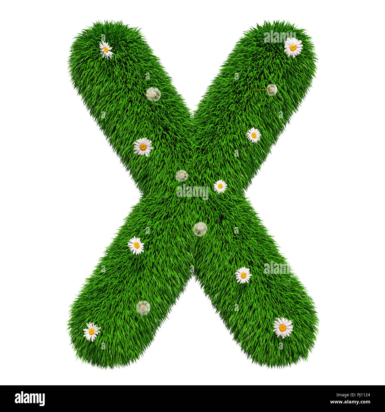 Letter X from green grass with flowers, 3D rendering isolated on white ...