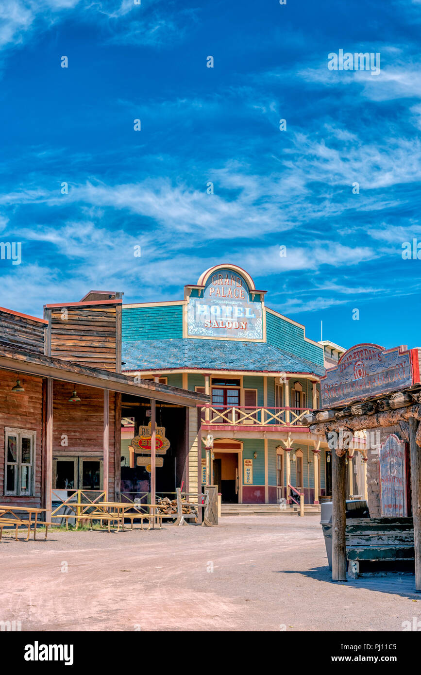 Down town Old Tucson, dirt roads, wooden building. Old west style under ...
