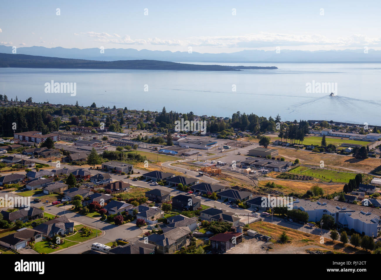 Aerial view of Powell River during a sunny summer day. Located in ...