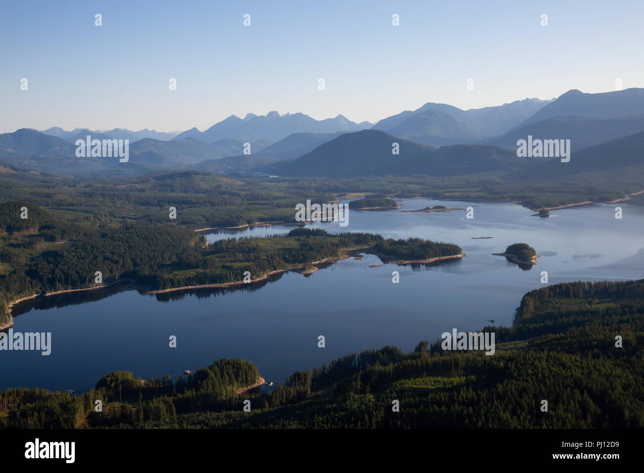 Aerial view of Lois Lake during a sunny summer day. Taken in Powell ...