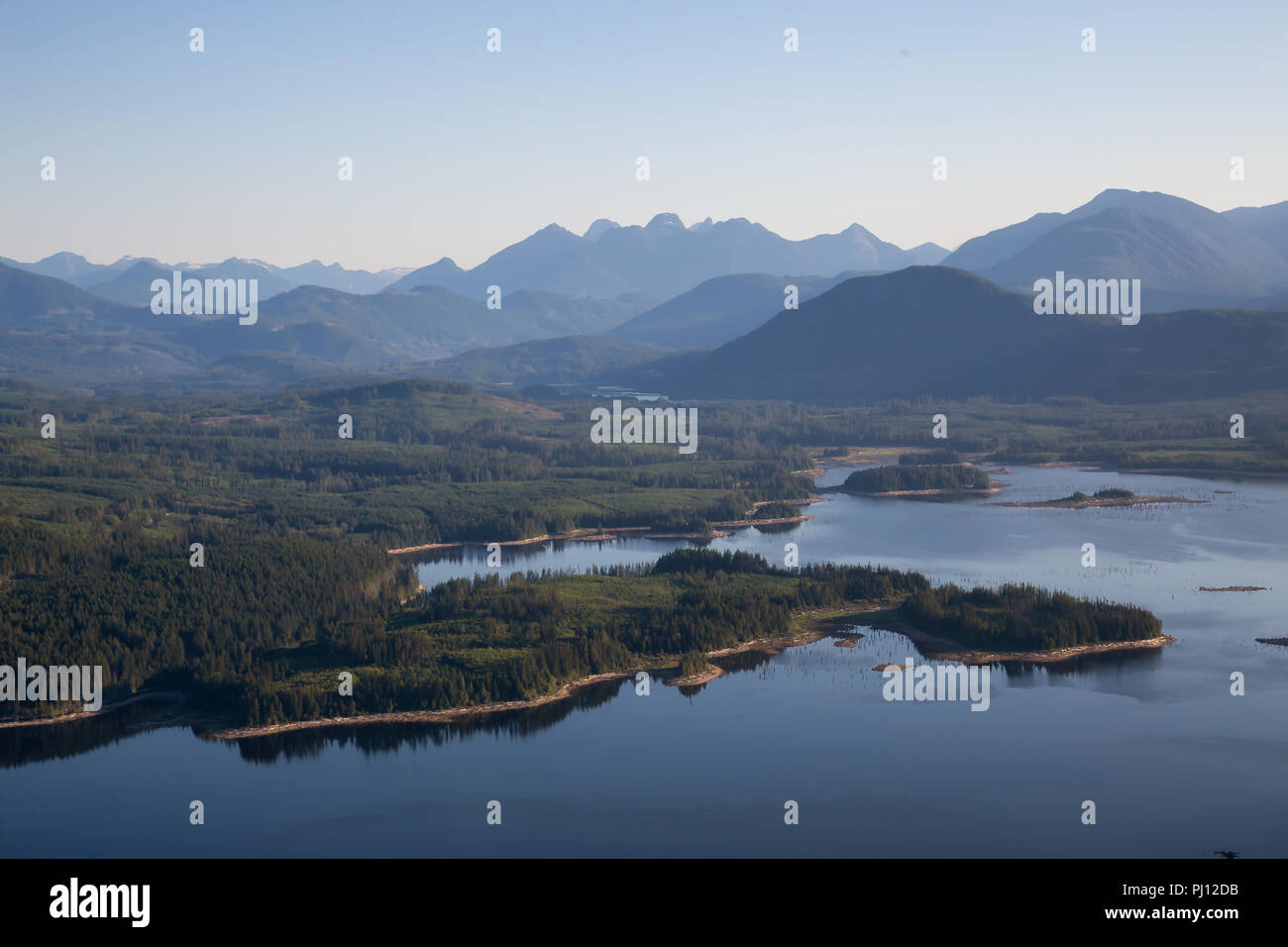 Aerial view of Lois Lake during a sunny summer day. Taken in Powell ...