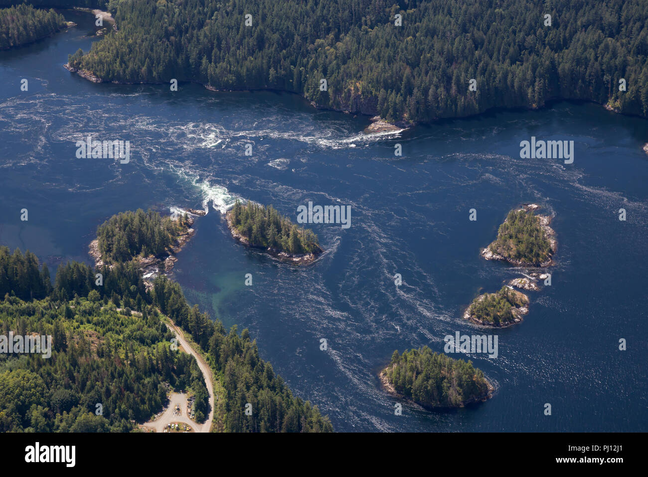 Aerial view of Skookumchuck Narrows during a vibrant sunny summer day ...