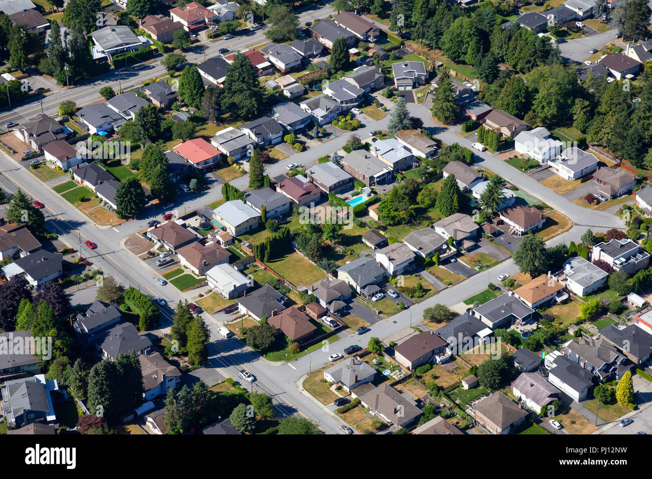 Aerial view of the residential homes in a suburban neighborhood. Taken ...