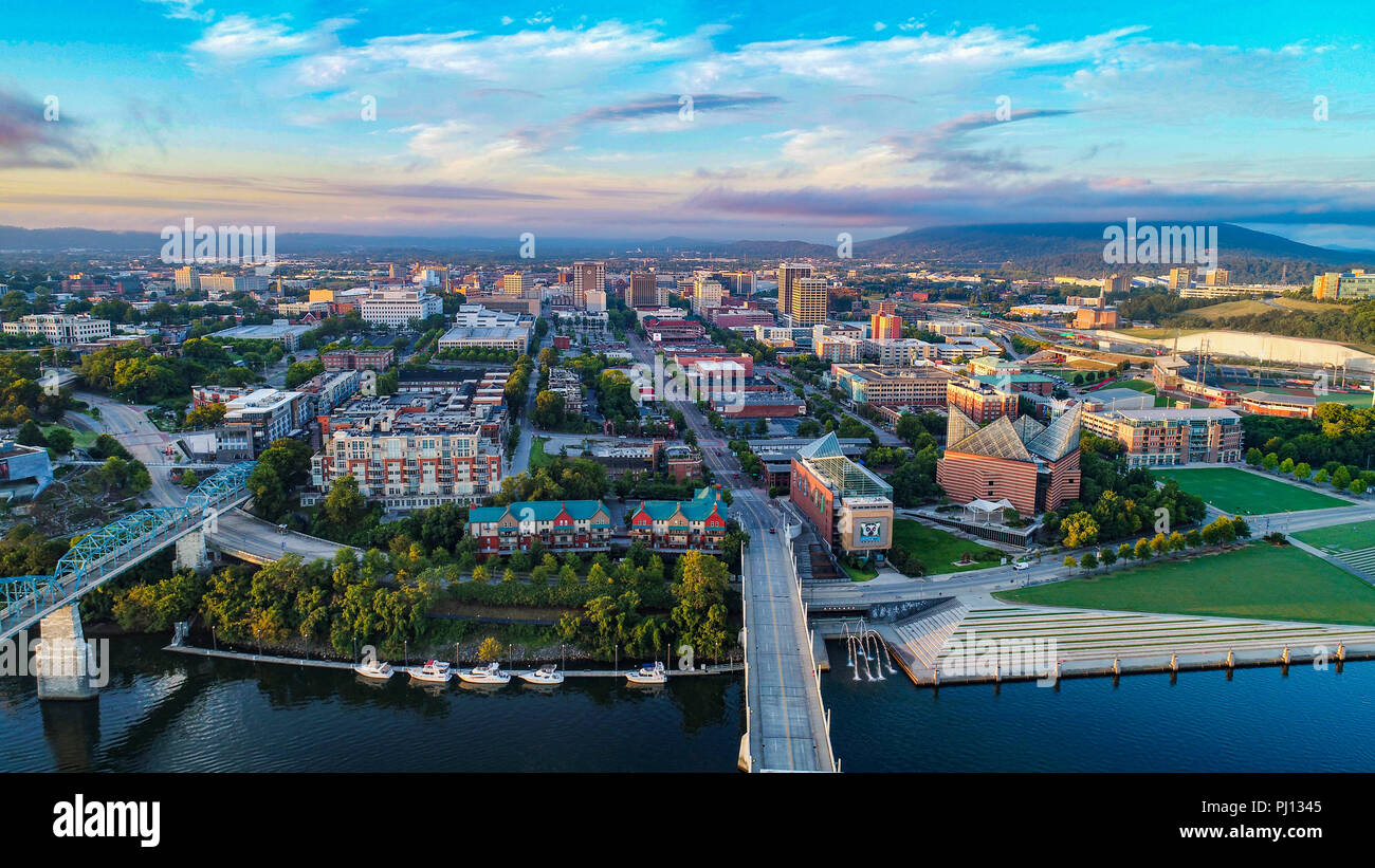 Drone Aerial of Downtown Chattanooga TN Skyline, Coolidge Park and ...
