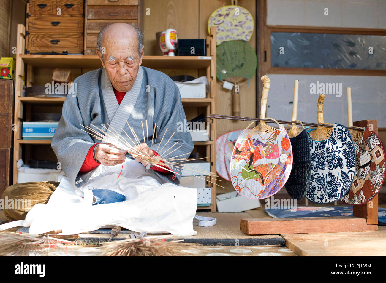 Masao Uyama makes Boshu Uchiwa fans at his atelier in Tateyama, Chiba ...