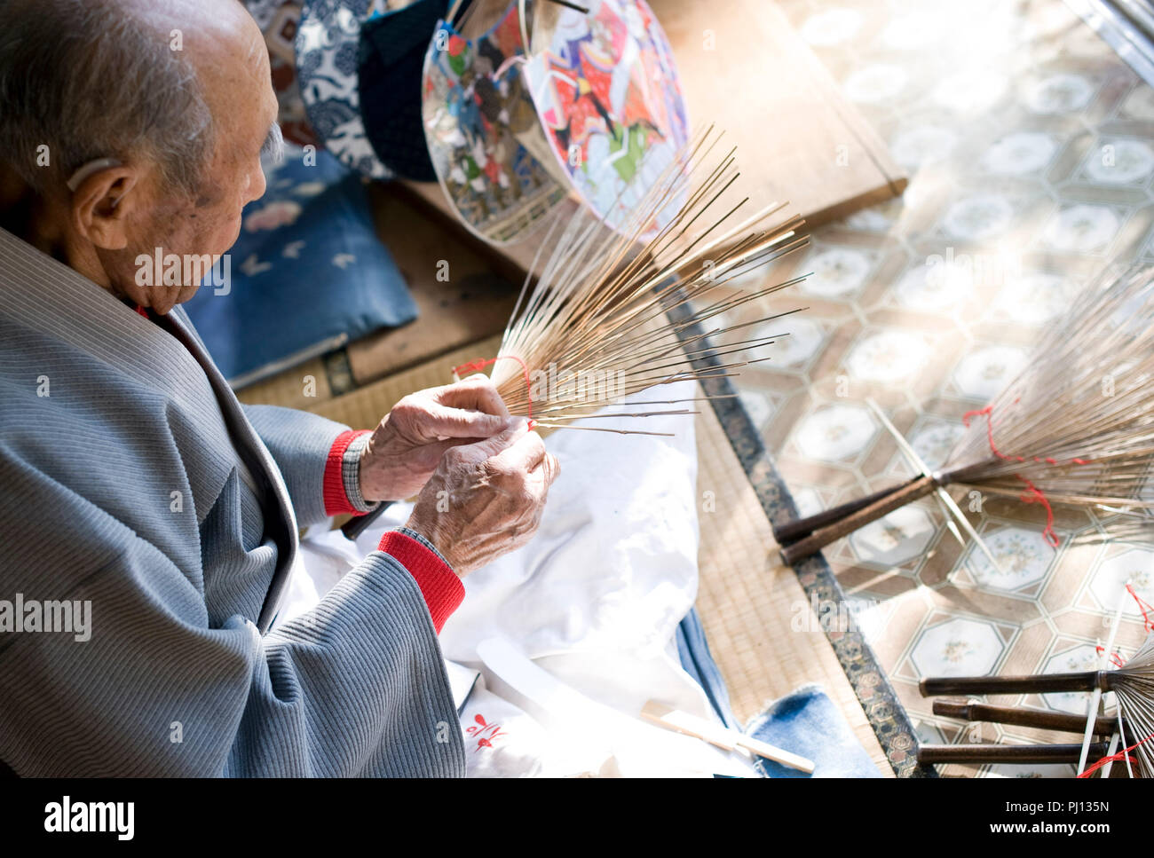 Masao Uyama makes Boshu Uchiwa fans at his atelier in Tateyama, Chiba ...
