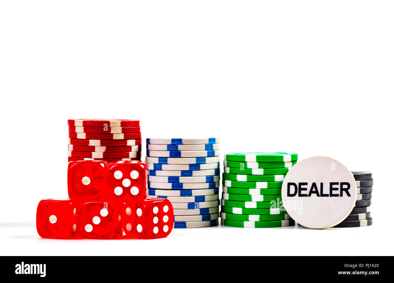 Casino Chips With Red Dice and Dealer Chip Isolated on White Background ...