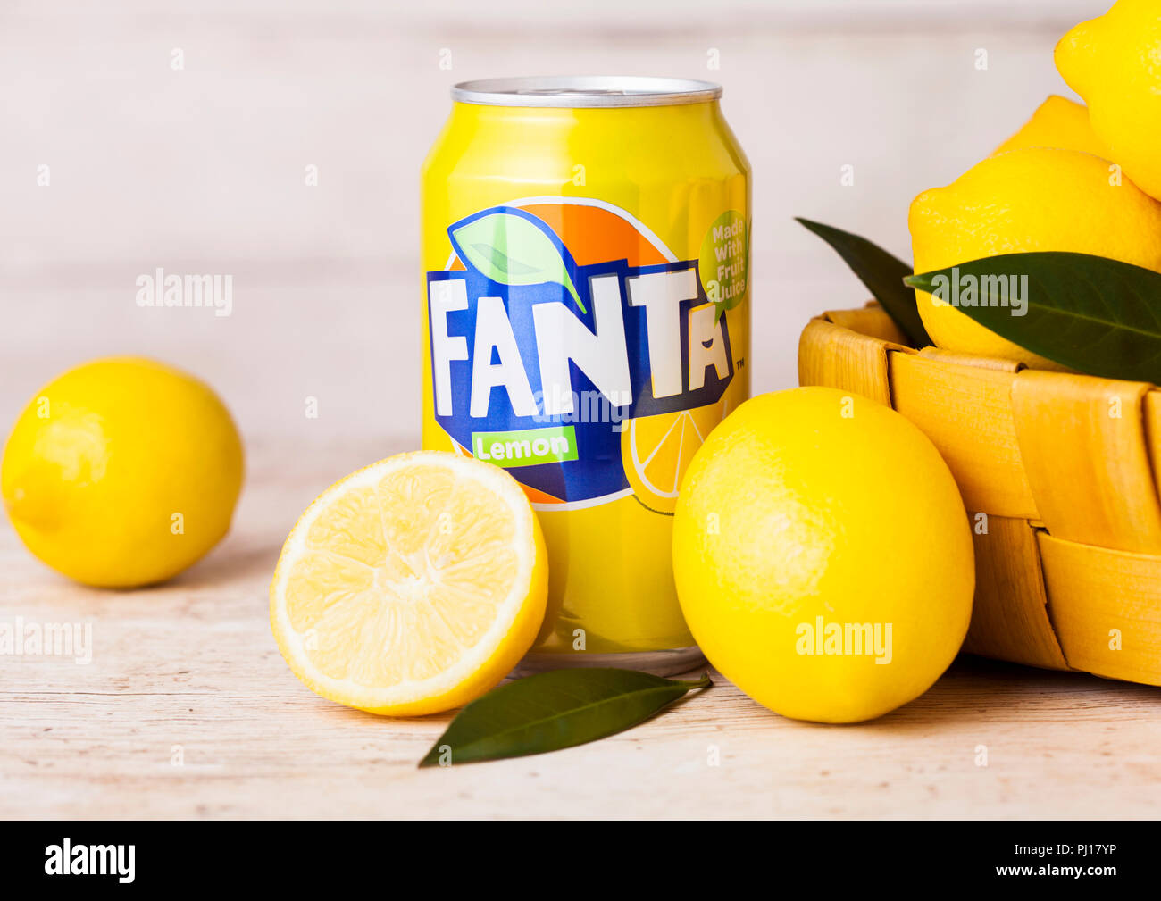 LONDON, UK - APRIL 27, 2018: Aluminium can of Fanta Lemon soft drink ...