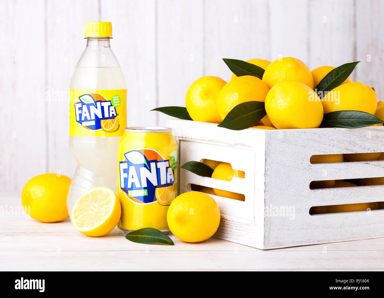LONDON, UK - APRIL 27, 2018: Plastic bottle and aluminium can of Fanta ...