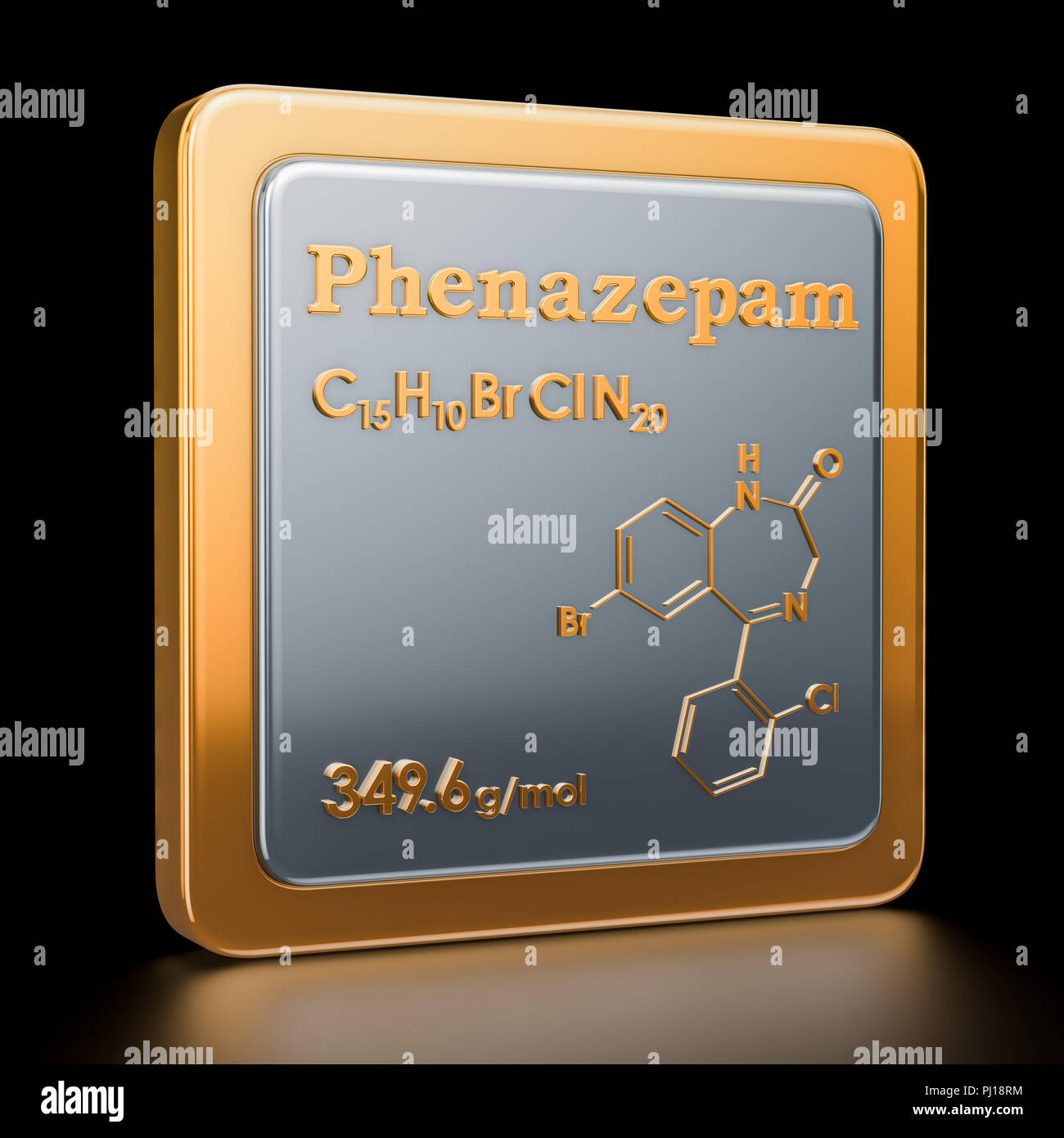 Phenazepam. Icon, chemical formula, molecular structure. 3D rendering ...