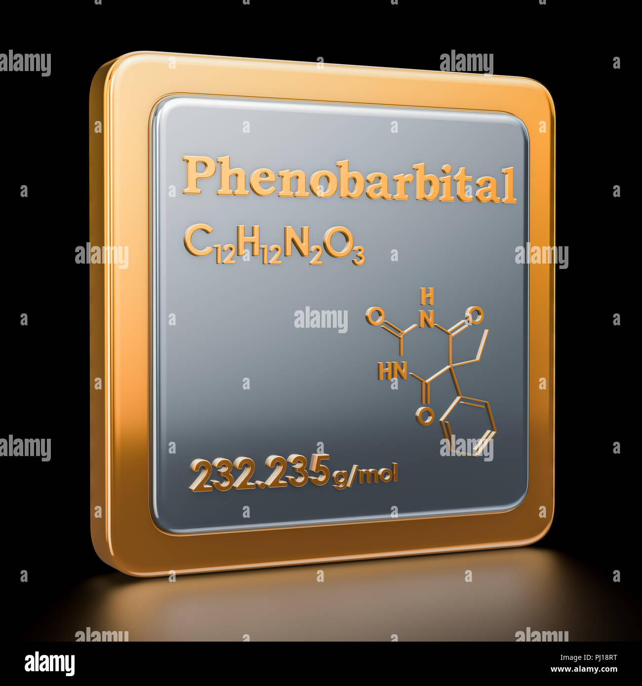 Phenobarbital. Icon, chemical formula, molecular structure. 3D ...