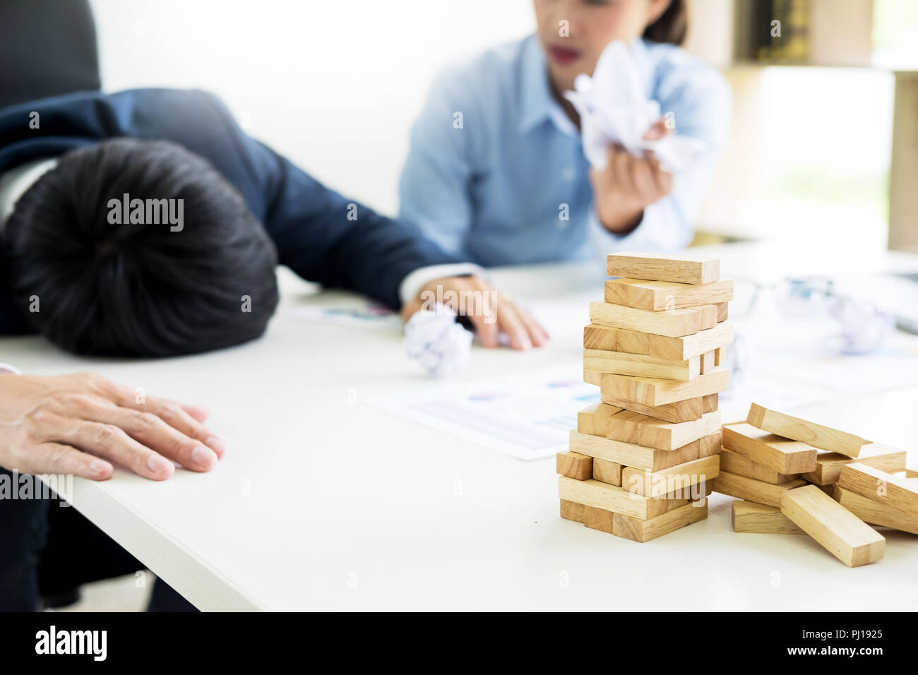 Depressed failure and tired businessman late sad and solving problem in ...