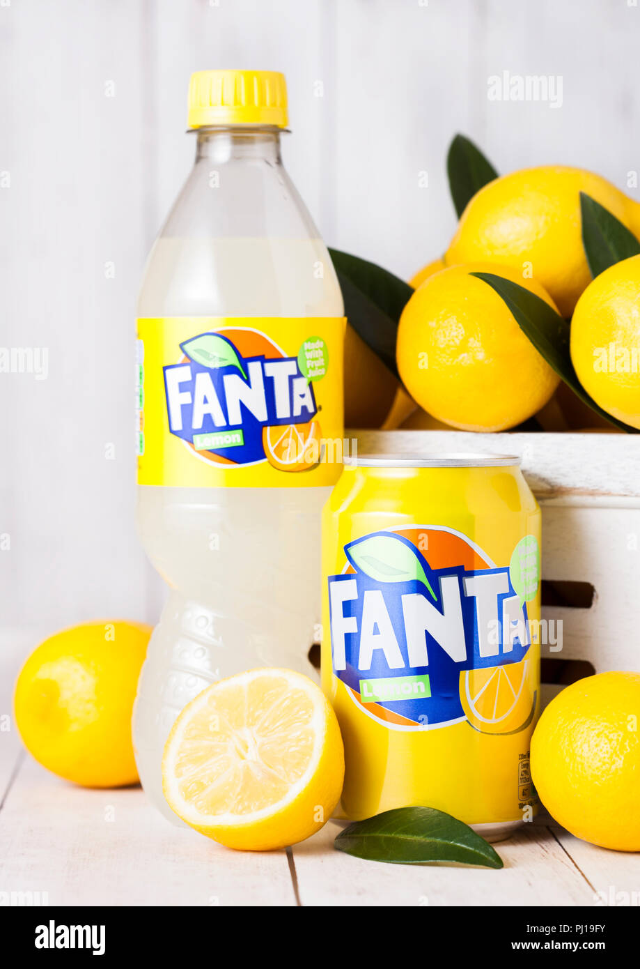 LONDON, UK - APRIL 27, 2018: Plastic bottle and aluminium can of Fanta ...