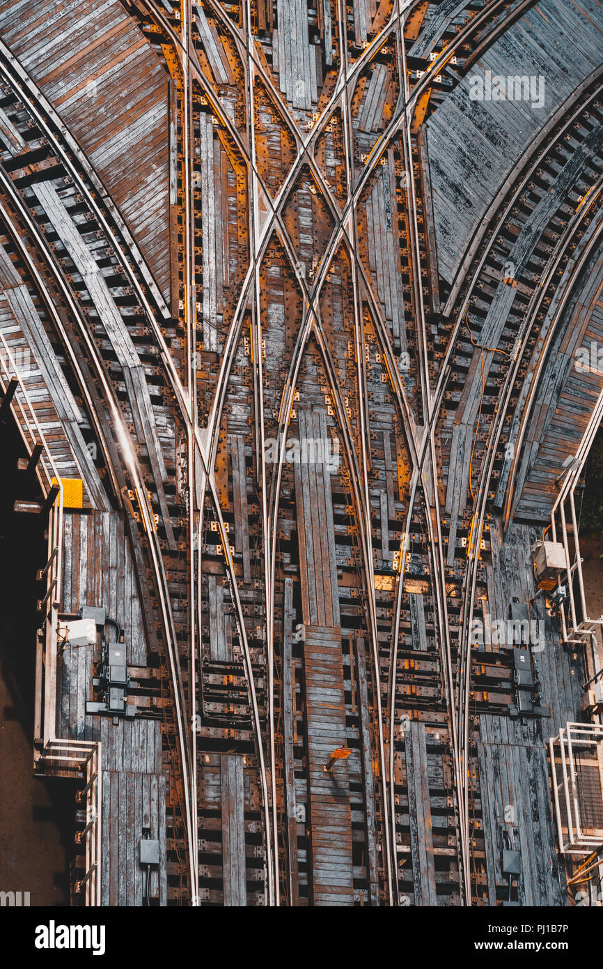 Aerial view of elevated train tracks and crossings in the Loop, Chicago ...
