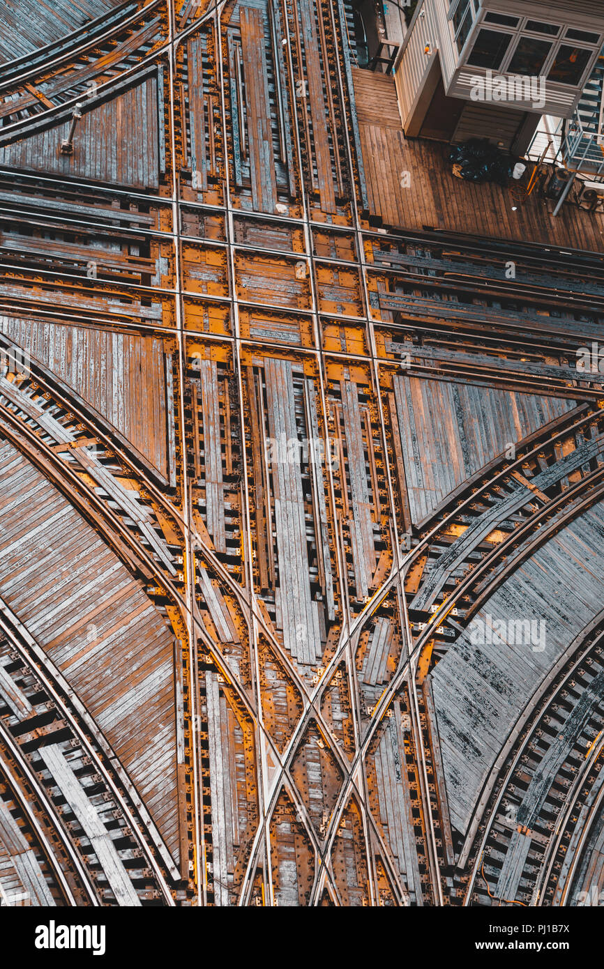 Aerial view of elevated train tracks and crossings in the Loop, Chicago ...