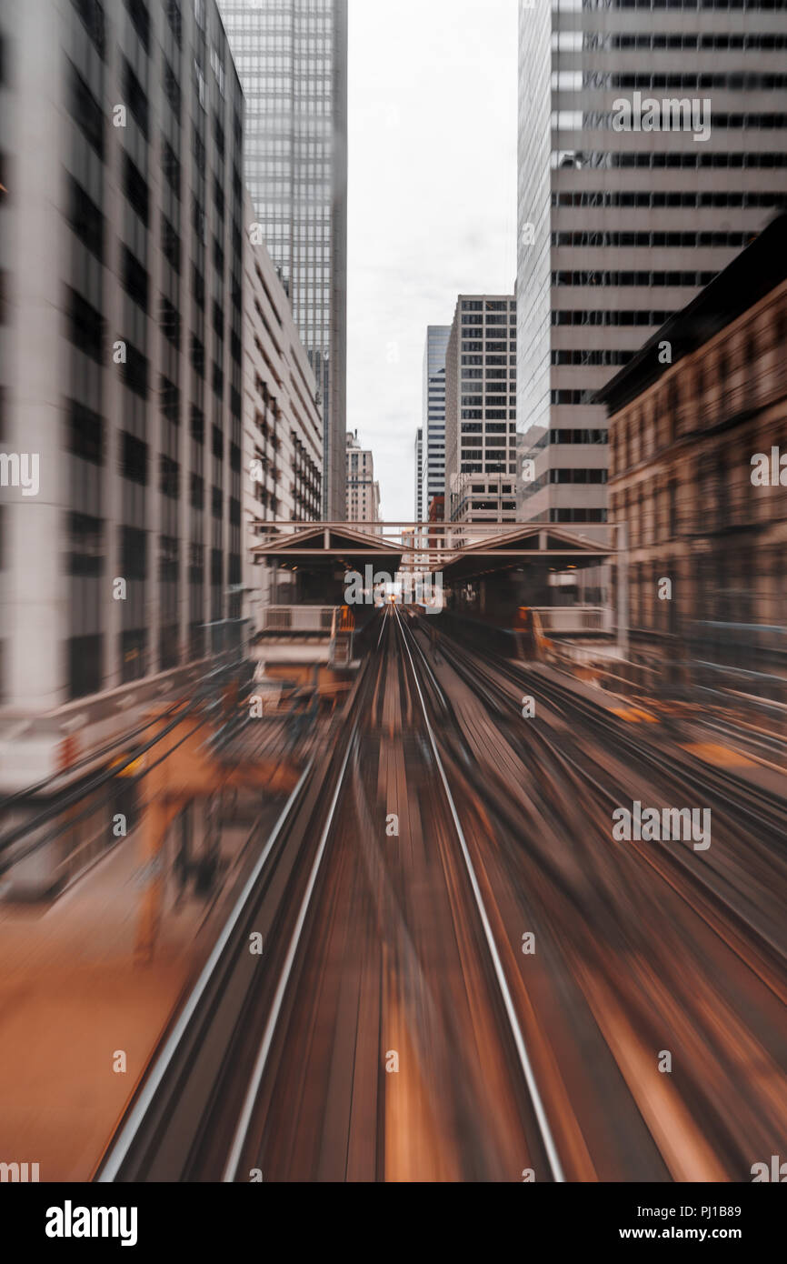 Cityscape and train tracks, Chicago, Illinois, United States Stock ...