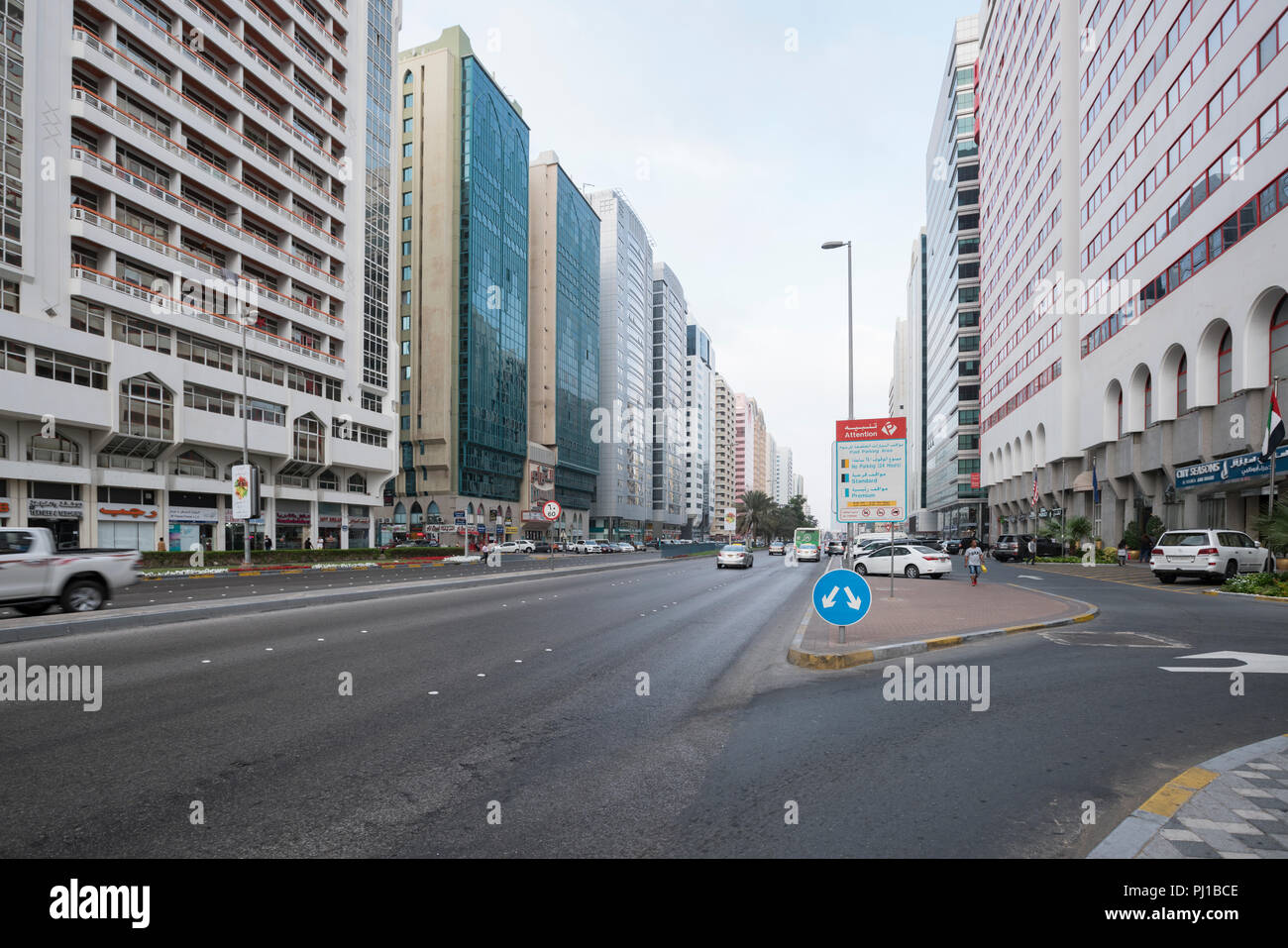 Zayed The First Street, lined with buildings, in downtown Abu Dhabi ...