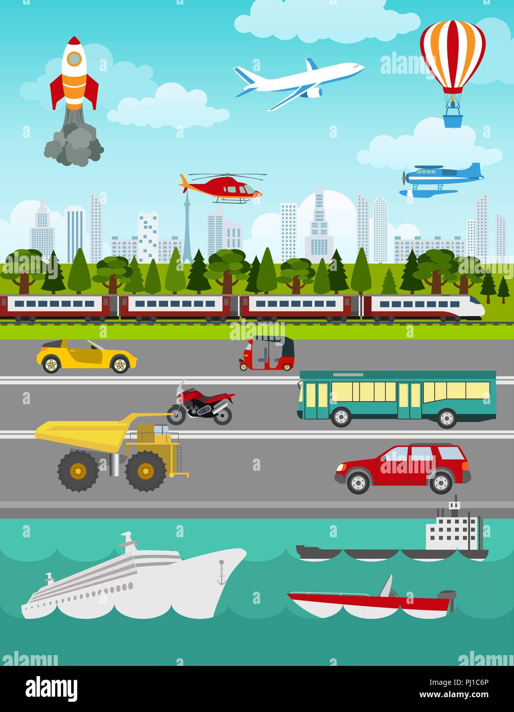 Transport infographics elements. Cars, trucks, public, air, water ...