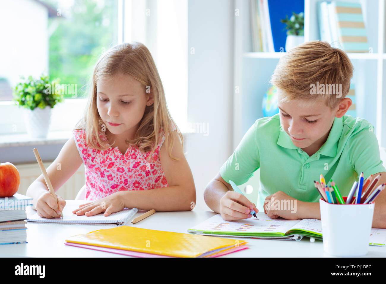 Cute schoolchildren are came back to school and learning at the table ...