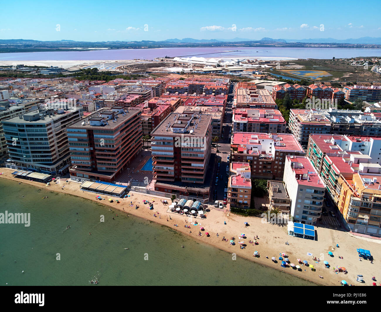 Aerial panoramic drone view of Torrevieja resort townscape beach and ...
