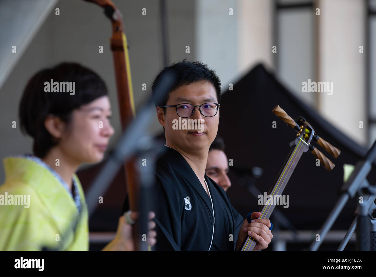 Sakura flowering day. Park "Gardens of the World" (Gaerten der Welt). Playing on the traditional ...