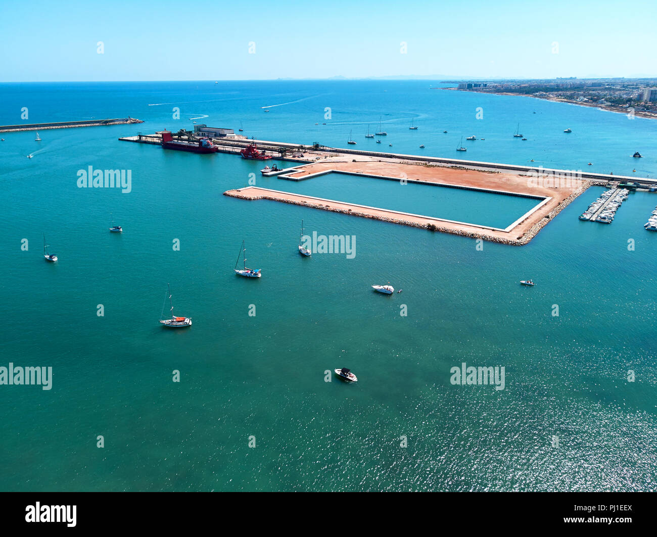 Aerial panoramic view of turquoise Mediterranean Sea bay and nautical ...