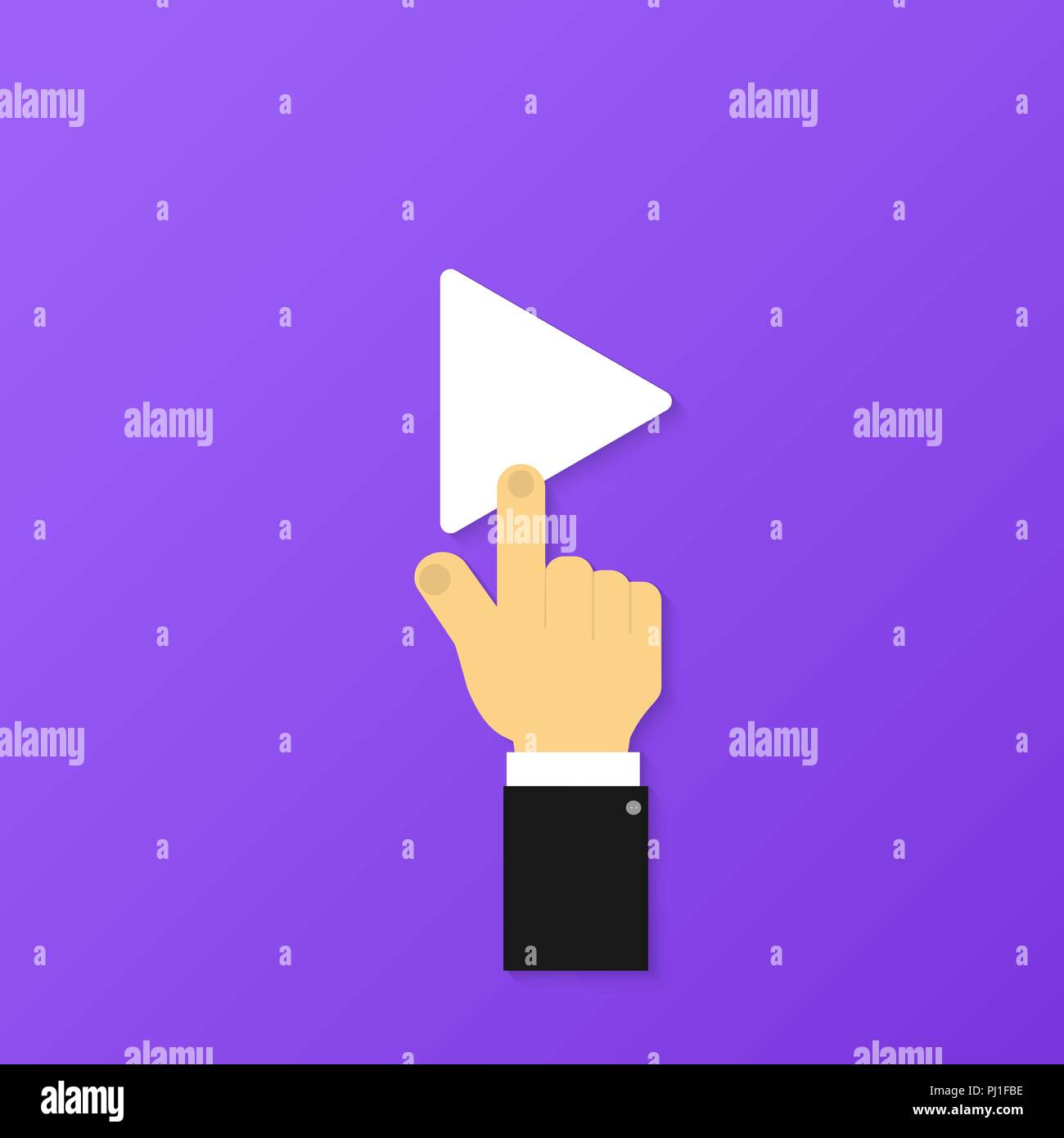 The hand presses the play button on a blue background. Vector ...