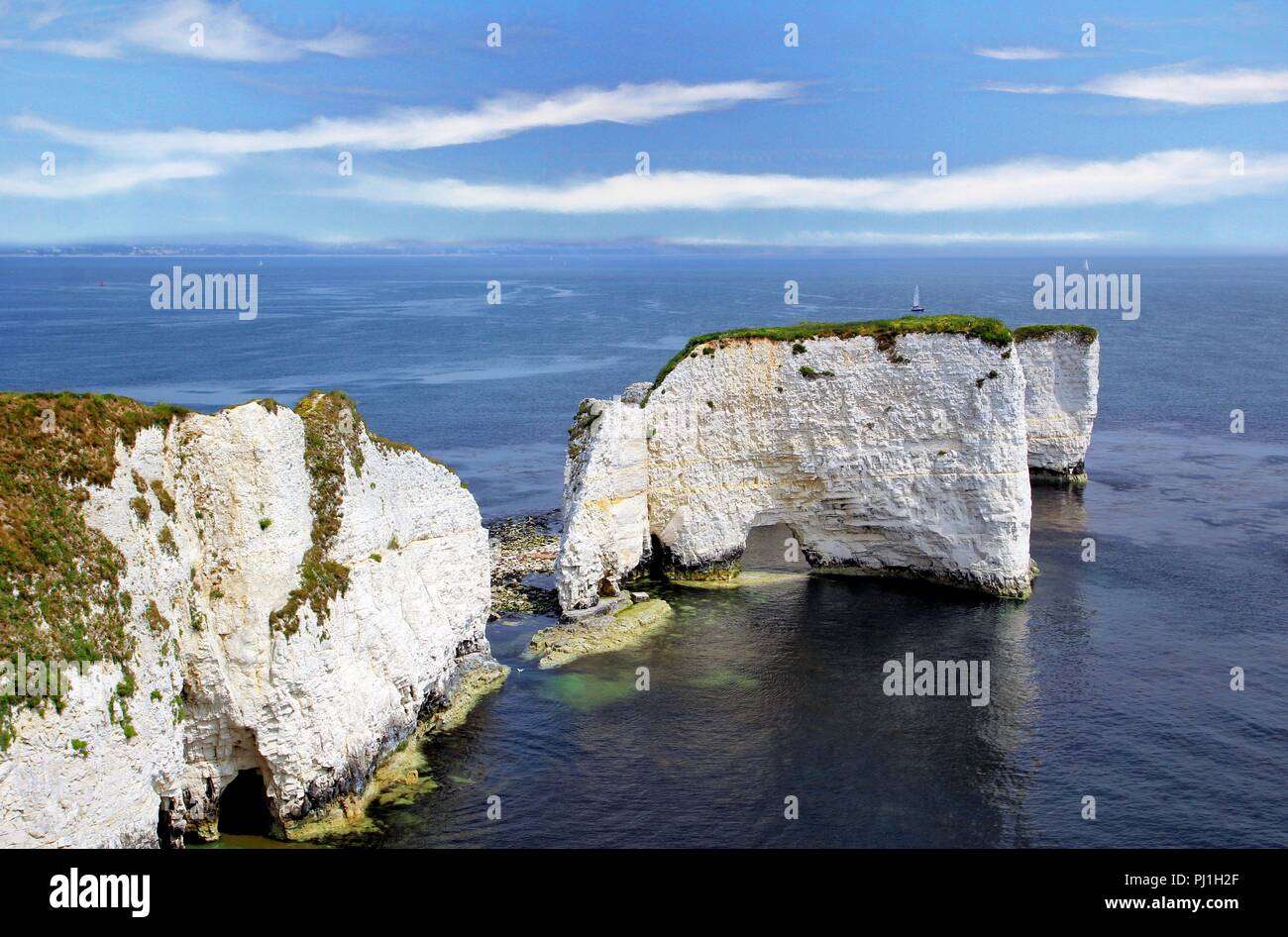 The beautiful grass covered white chalk cliffs of Old Harry Rocks in ...