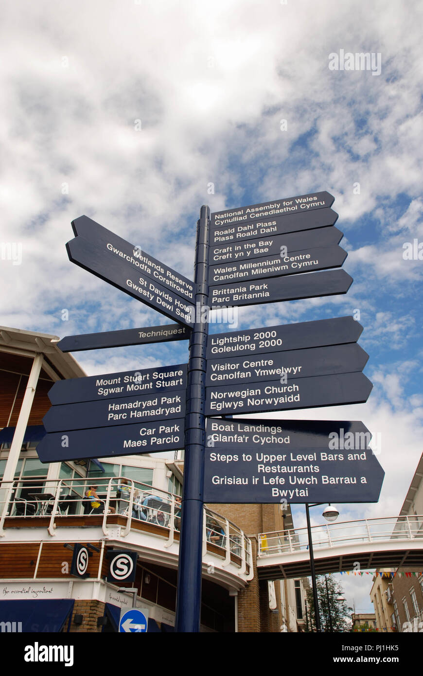 Signpost in Cardiff Bay pointing out to visitors the direction to ...