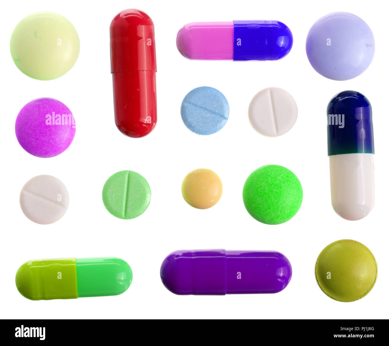 multicolor pill capsule isolated on white background. Top view. Flat ...