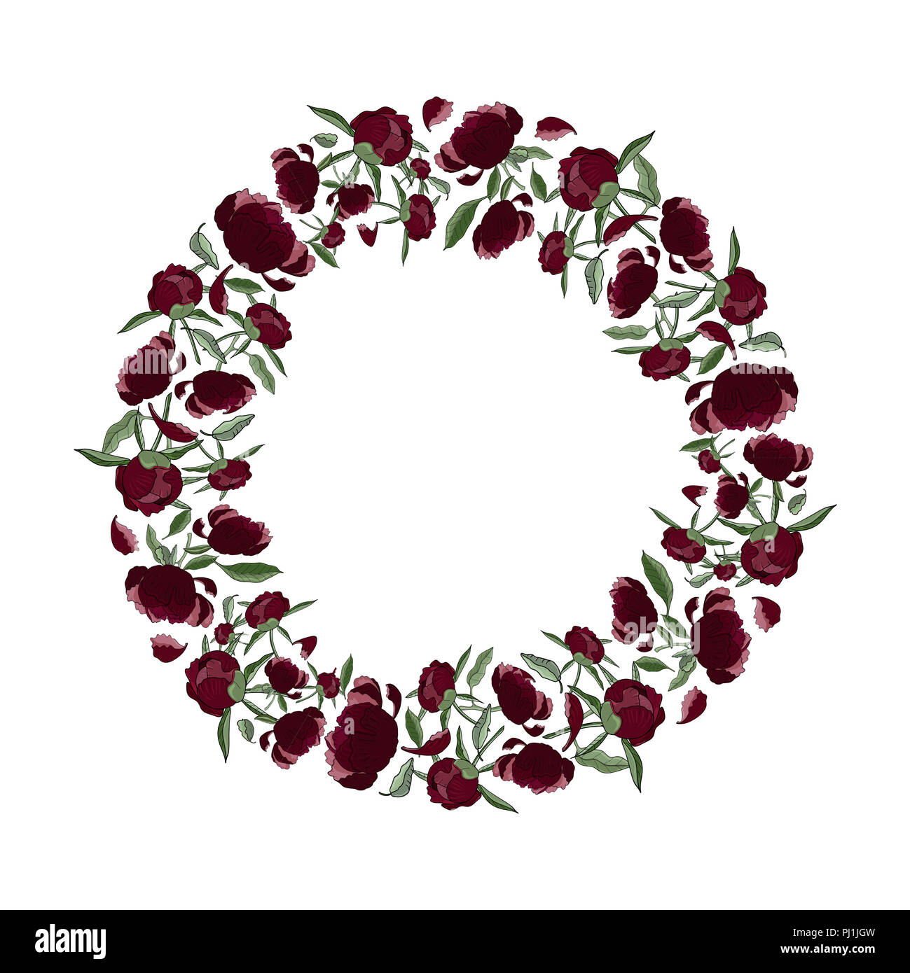 Round floral frame made of peony flowers, buds and leaves. Round ...