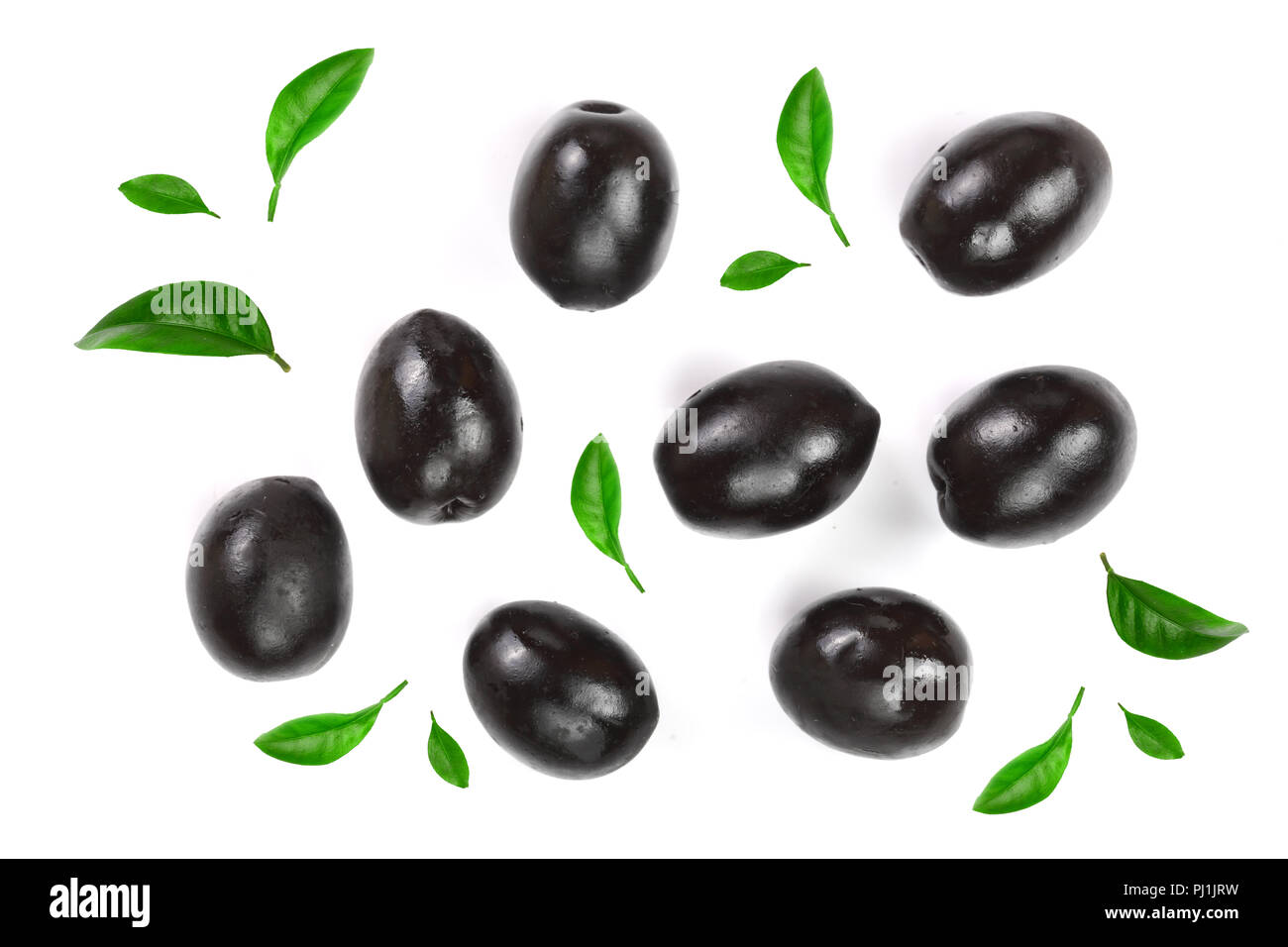 whole black olives isolated on white background. Top view. Flat lay ...