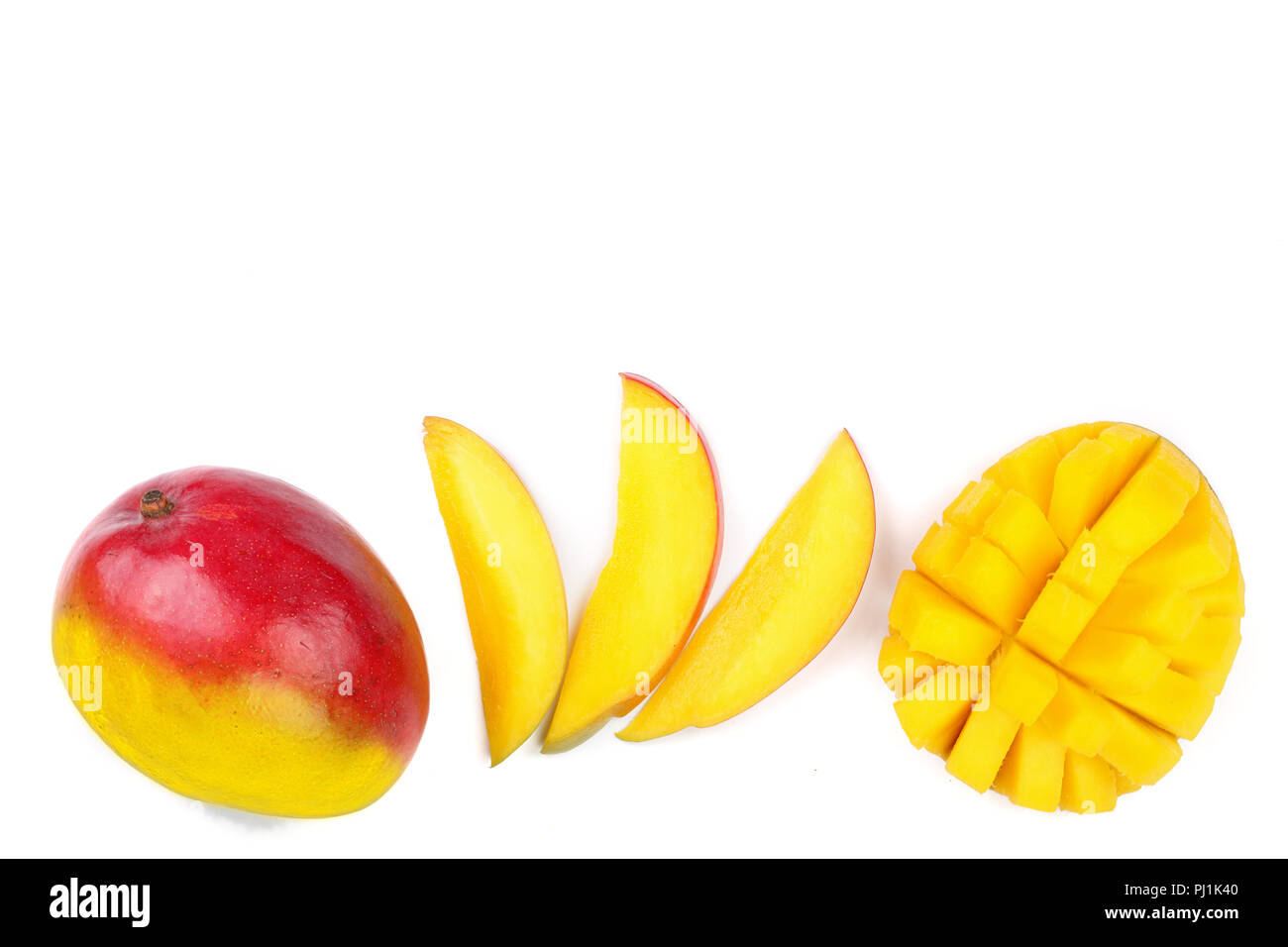 Mango fruit and half isolated on white background with copy space for ...